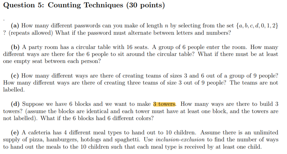 Solved Question 5: Counting Techniques (30 points) (a) How | Chegg.com