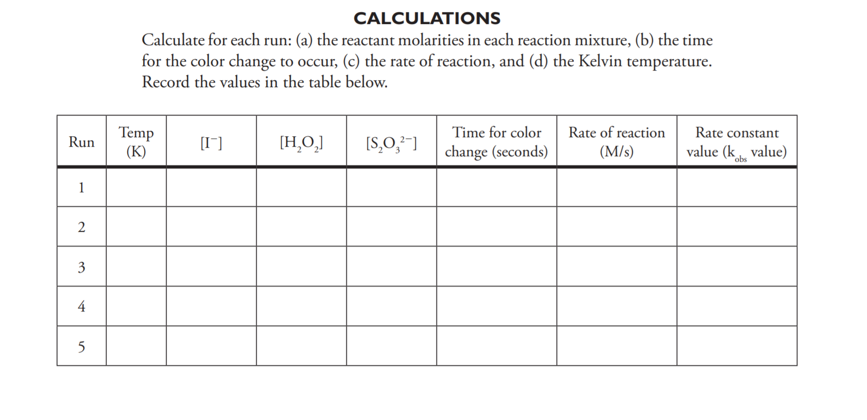 CALCULATIONS Calculate for each run: (a) the reactant | Chegg.com