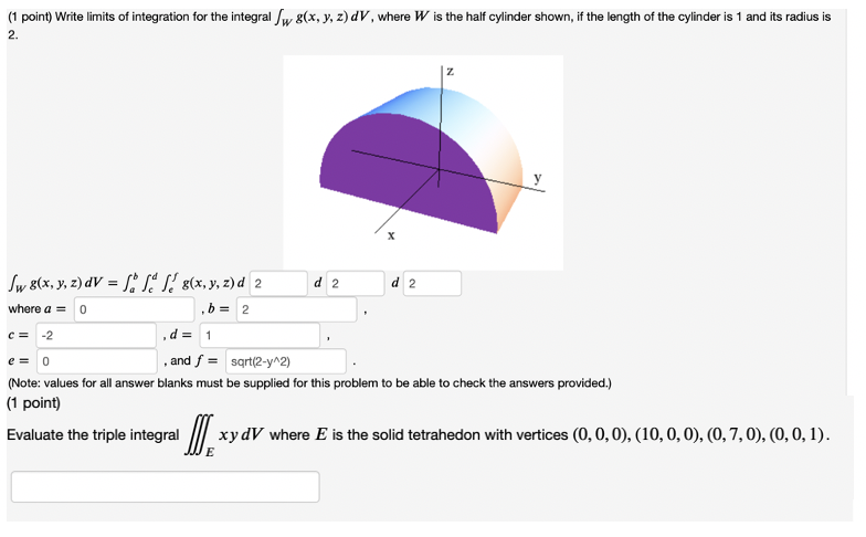 Solved (1 point) Write limits of integration for the | Chegg.com