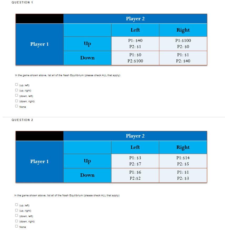 Solved QUESTION 1 Player 2 Left Right Player 1 up P1: $40 | Chegg.com