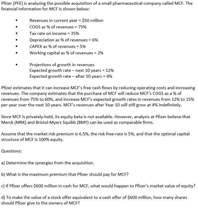 Pfizer (PFE) is analyzing the possible acquisition of | Chegg.com