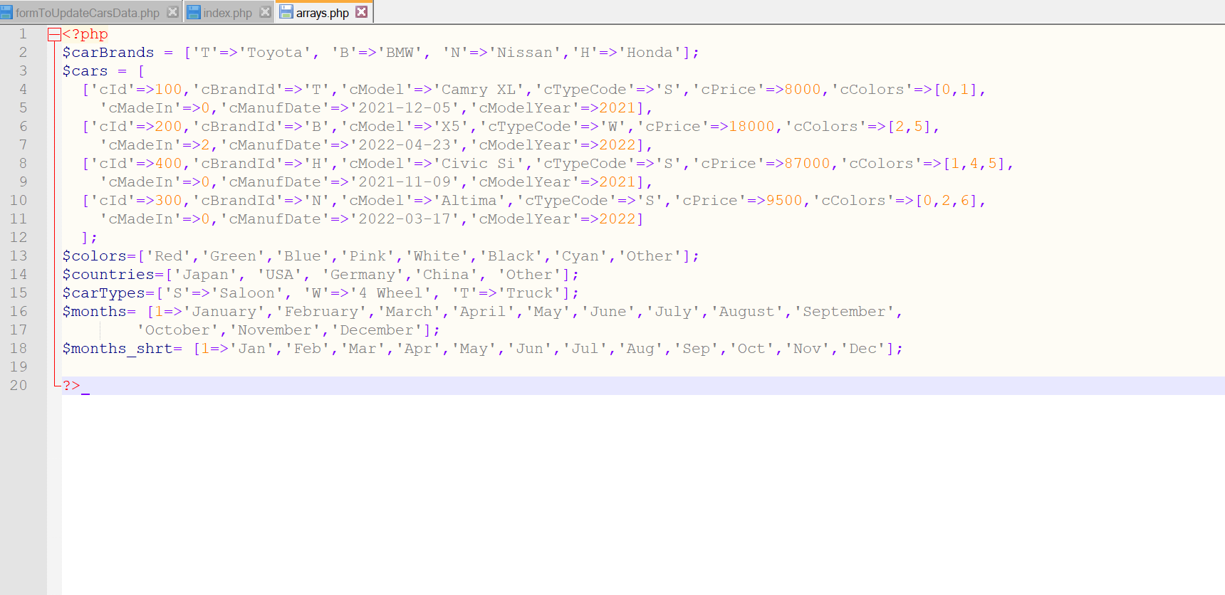Solved formToUpdateCarsData.php X index.php X arrays.php X 1 | Chegg.com