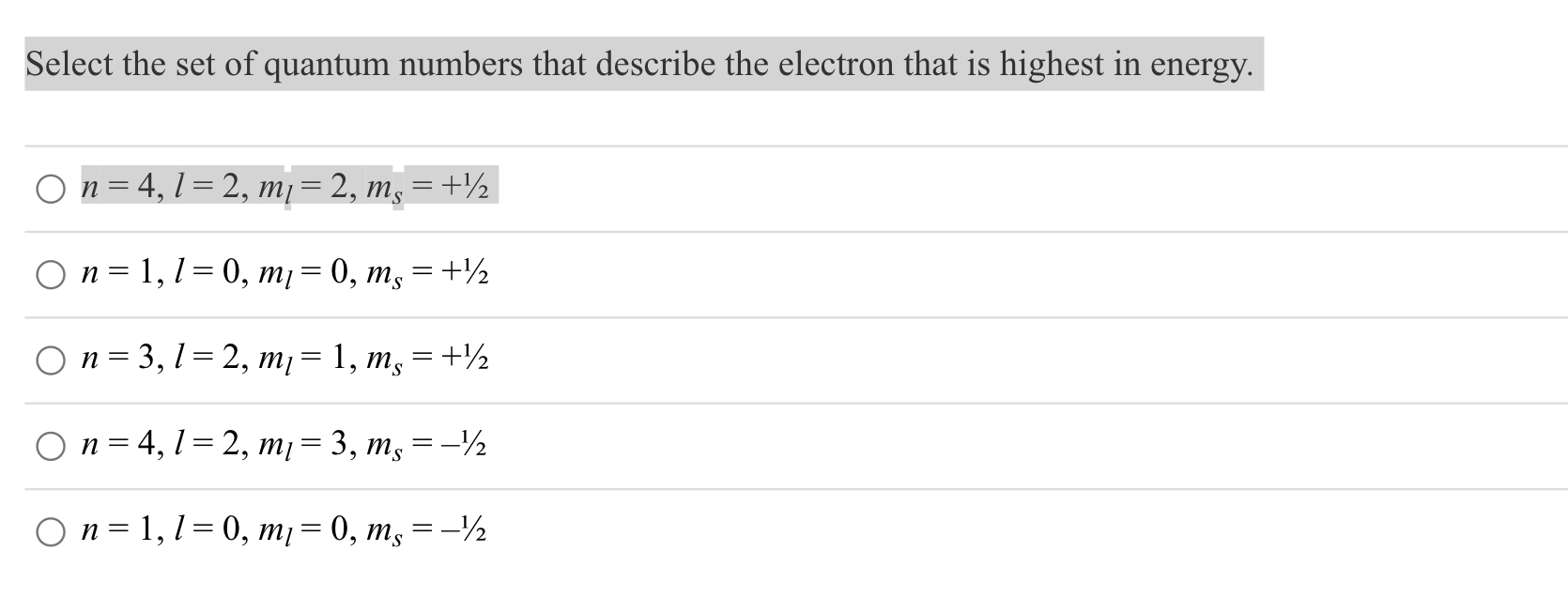 Solved Select the set of quantum numbers that describe the | Chegg.com
