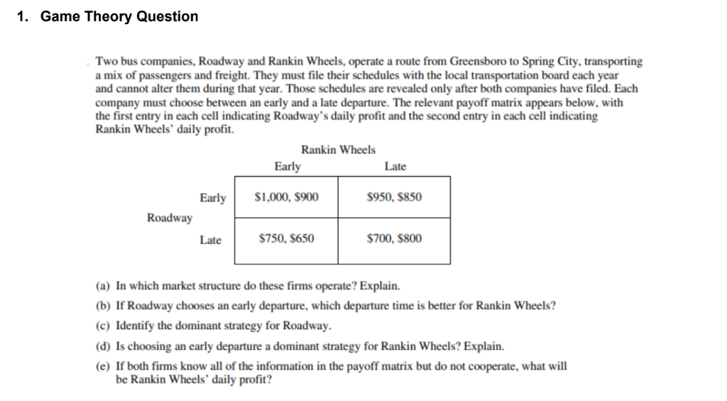 Solved 1. Game Theory Question Two bus companies, Roadway | Chegg.com