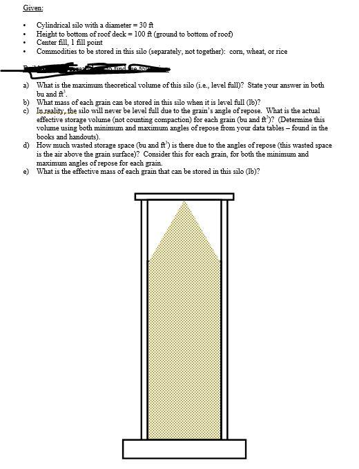 Solved Given: . Cylindrical silo with a diameter = 30 A | Chegg.com