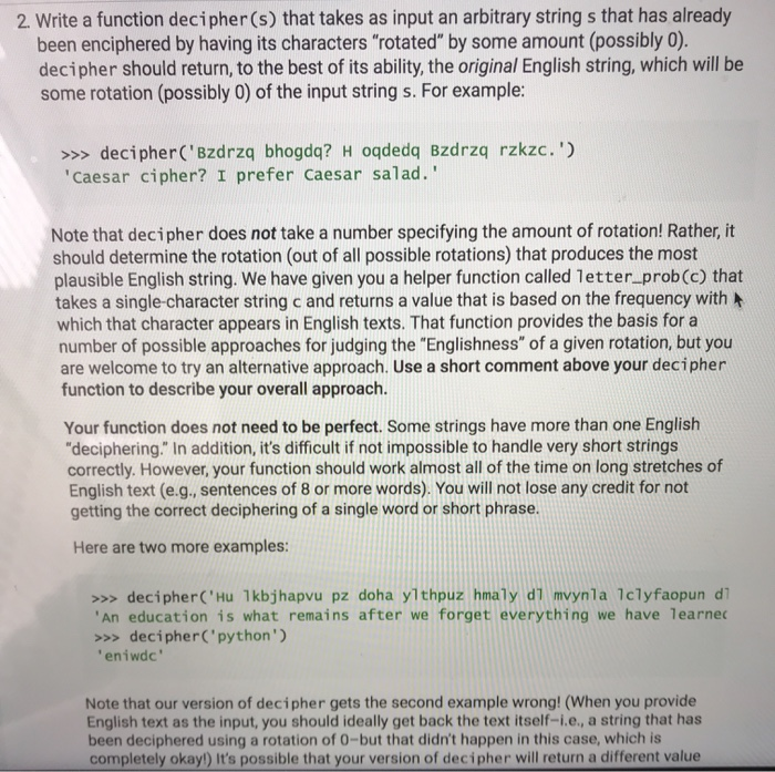 (Solved) : 2 Write Function Decipher S Takes Input Arbitrary String S ... (Solved) : 2 Write Function Decipher S Takes Input Arbitrary String S ...