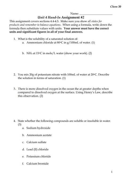 Solved Chem 30 Name: Unit 4 Hand-In Assignment #2 This | Chegg.com