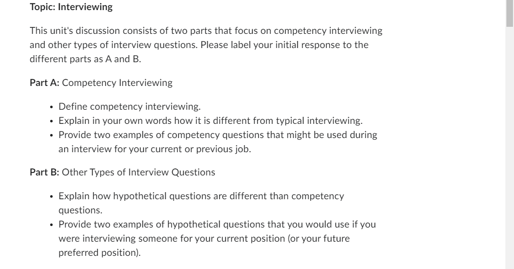 Solved Topic: Interviewing This unit's discussion consists | Chegg.com