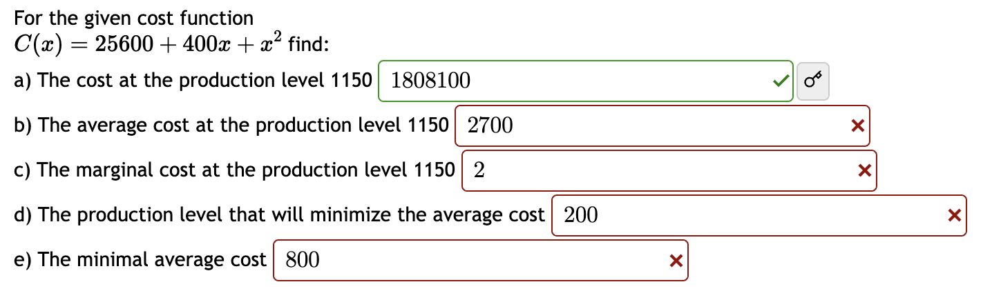Solved For the given cost function C(x)=25600+400x+x2 find: | Chegg.com