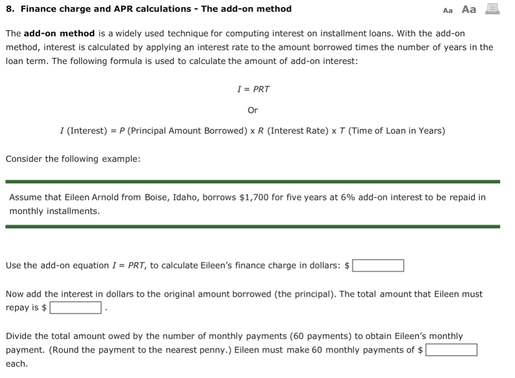 Solved 8. Finance charge and APR calculations - The add-on | Chegg.com