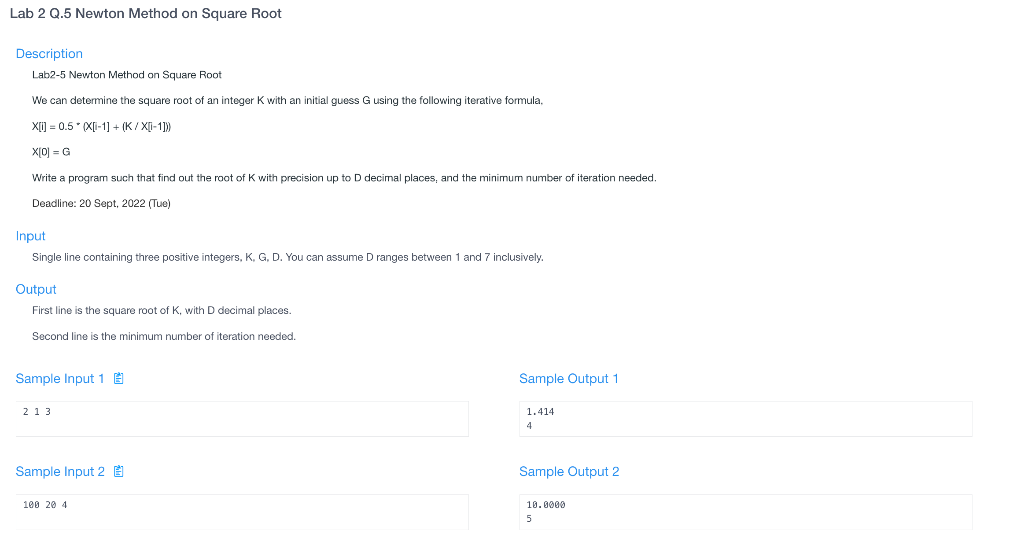 Solved Lab 2 Q.5 Newton Method on Square Root Description | Chegg.com