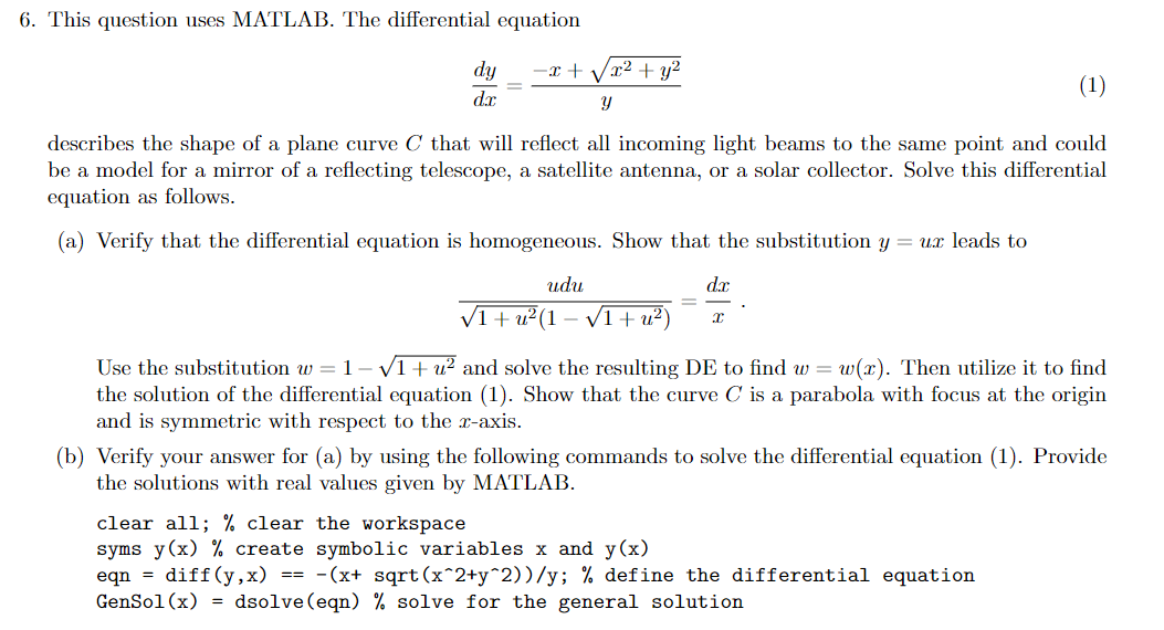 Solved 6. This question uses MATLAB. The differential | Chegg.com