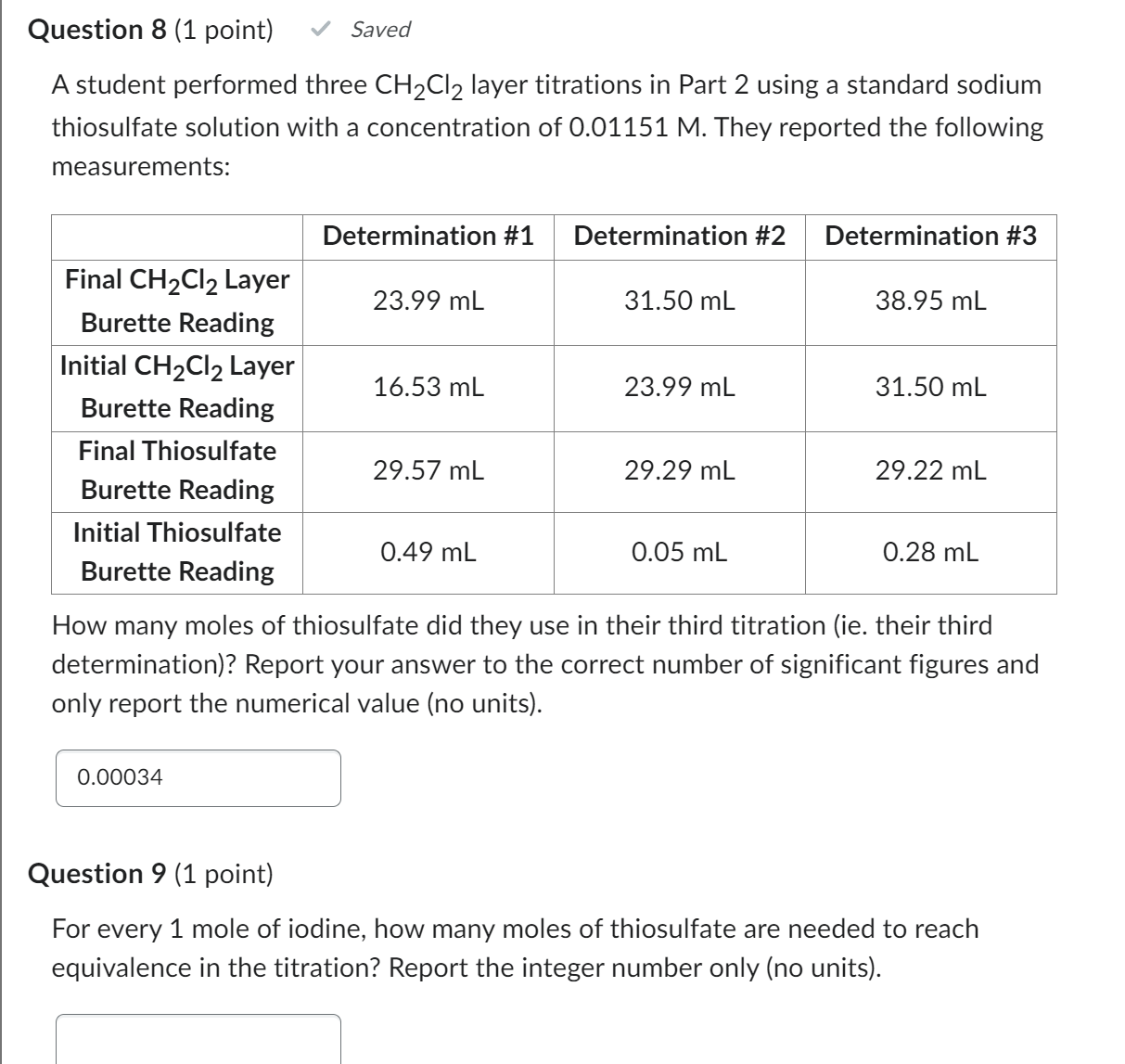 Solved A student performed three aqueous layer titrations in | Chegg.com