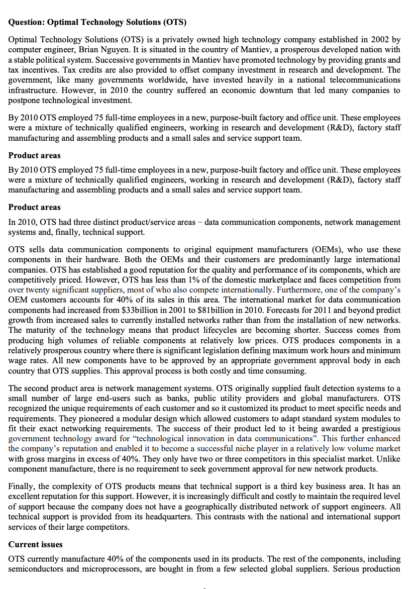 Question: Optimal Technology Solutions (OTS) Optimal | Chegg.com