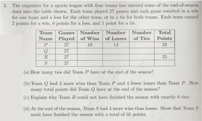 Solved 2. The organizer for a sports league with four teams | Chegg.com