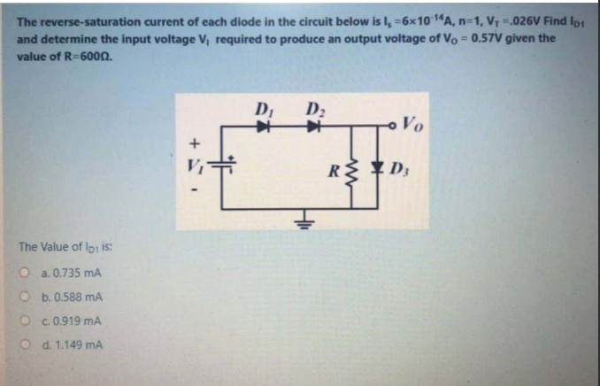 Solved The reverse-saturation current of each diode in the | Chegg.com