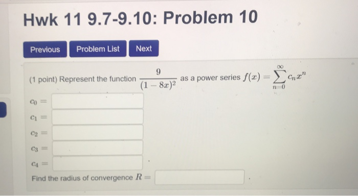 Solved Hwk 11 9.7-9.10: Problem 10 Previous Problem List | Chegg.com