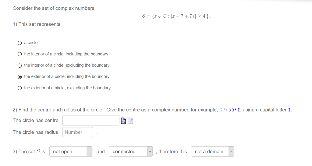 Solved Consider the set of complex numbers S={ze C:\2–7+7i| | Chegg.com
