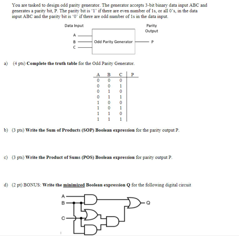 You Are Tasked To Design Odd Parity Generator The