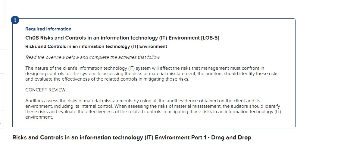Solved Required information Ch08 Risks and Controls in an | Chegg.com