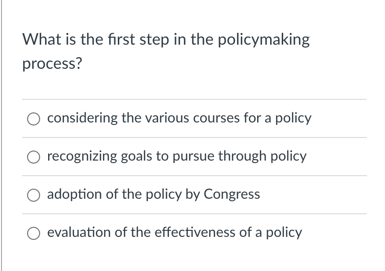 What is the first step in the policymaking process? | Chegg.com