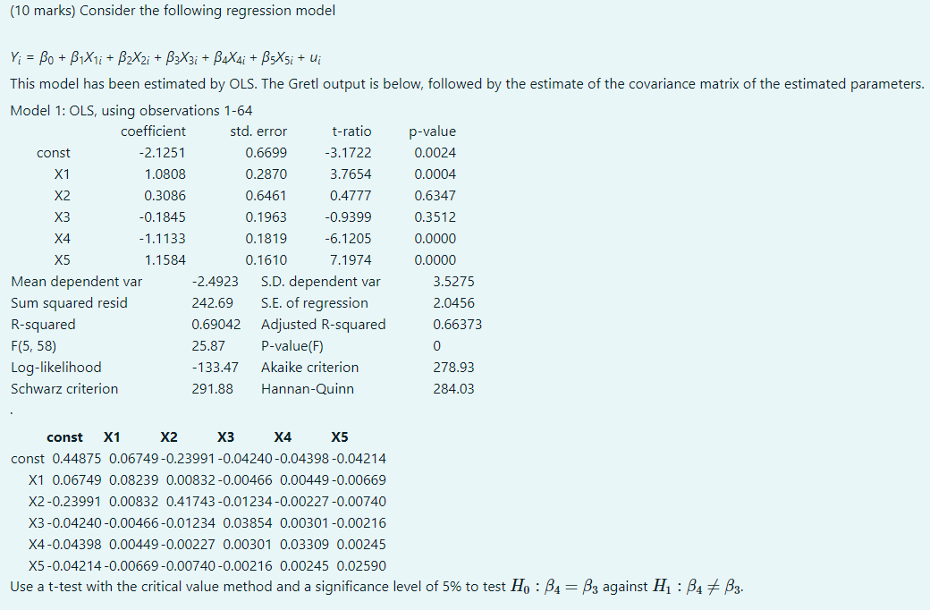 Solved (10 marks) Consider the following regression model Y; | Chegg.com