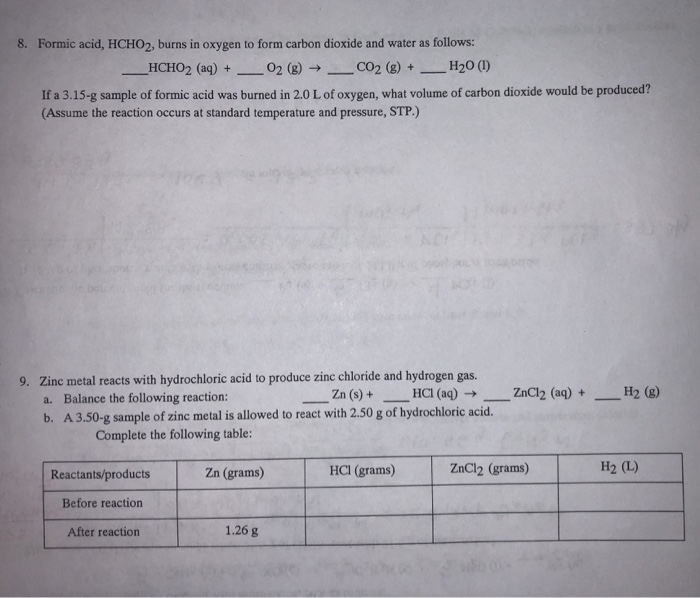 Solved 8. Formic acid, HCHO2, burns in oxygen to form carbon | Chegg.com