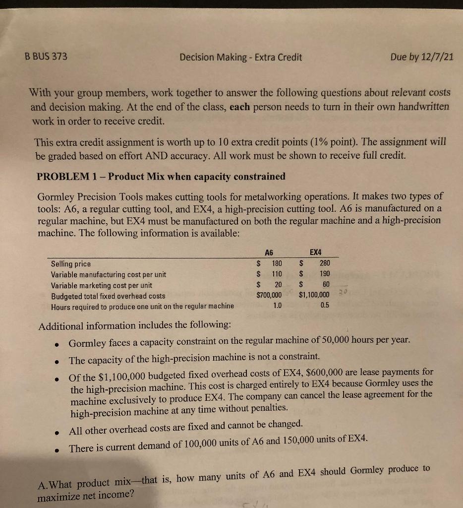 Solved B BUS 373 Decision Making - Extra Credit Due by | Chegg.com