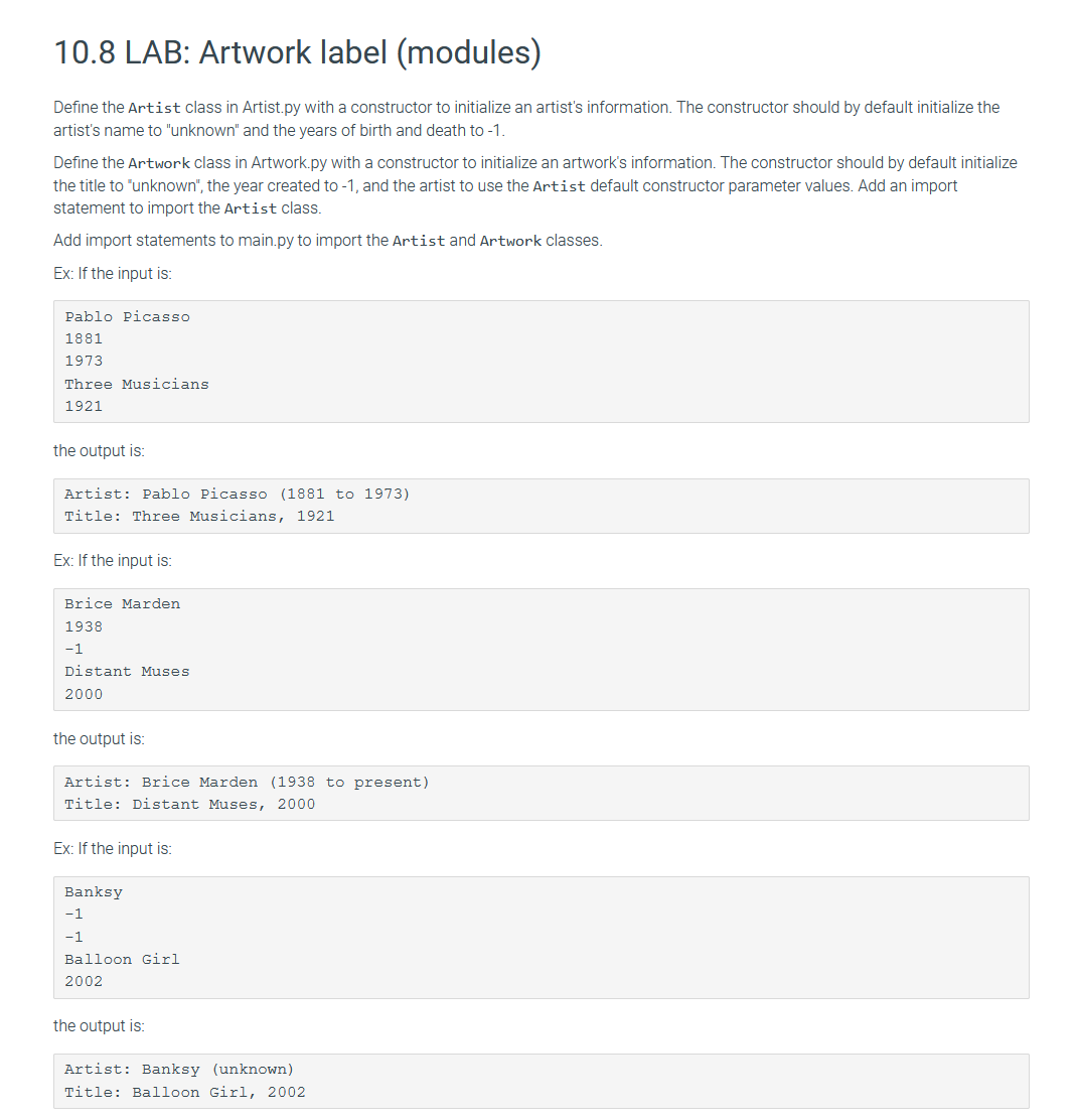 Solved 10.8 LAB: Artwork label (modules) Define the Artist | Chegg.com