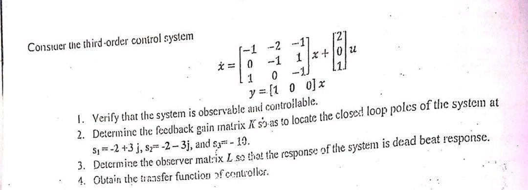 Solved Consider the third-order control system u +] 1-1 -2 | Chegg.com