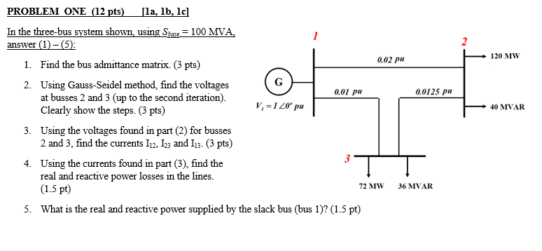 Solved 2 0.02 pu 120 MW 0.0125 pu PROBLEM ONE (12 pts) fla, | Chegg.com