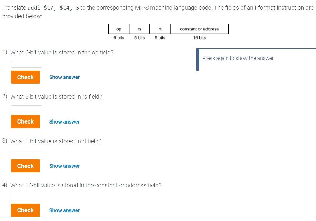 Solved Translate addi $t7, $t4, 5 to the corresponding MIPS | Chegg.com