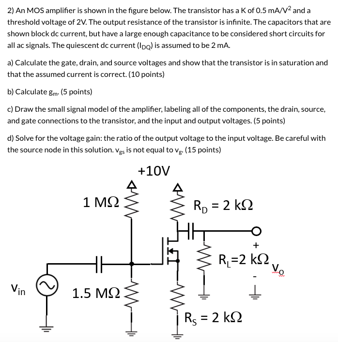 Solved 2) An MOS amplifier is shown in the figure below. The | Chegg.com
