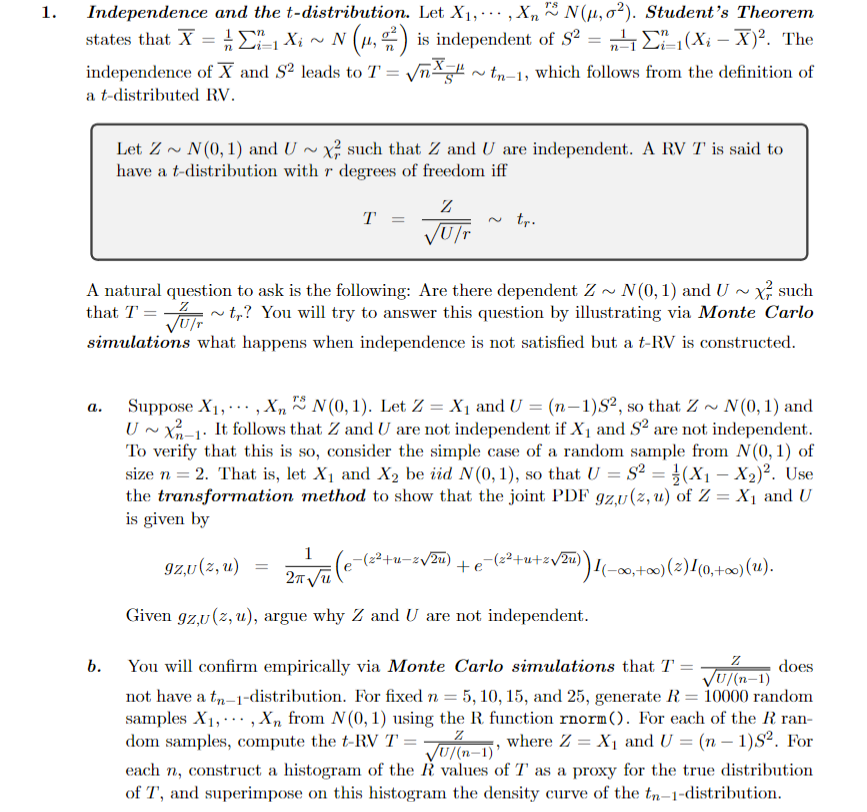 Solved Independence and the t-distribution. Let | Chegg.com