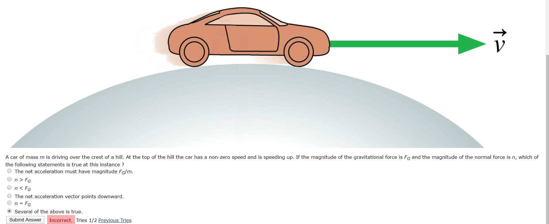Solved A car of mass m is driving over the crest of a hill. | Chegg.com