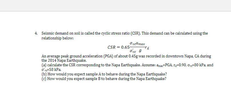Solved Seismic demand on soil is called the cyclic stress | Chegg.com