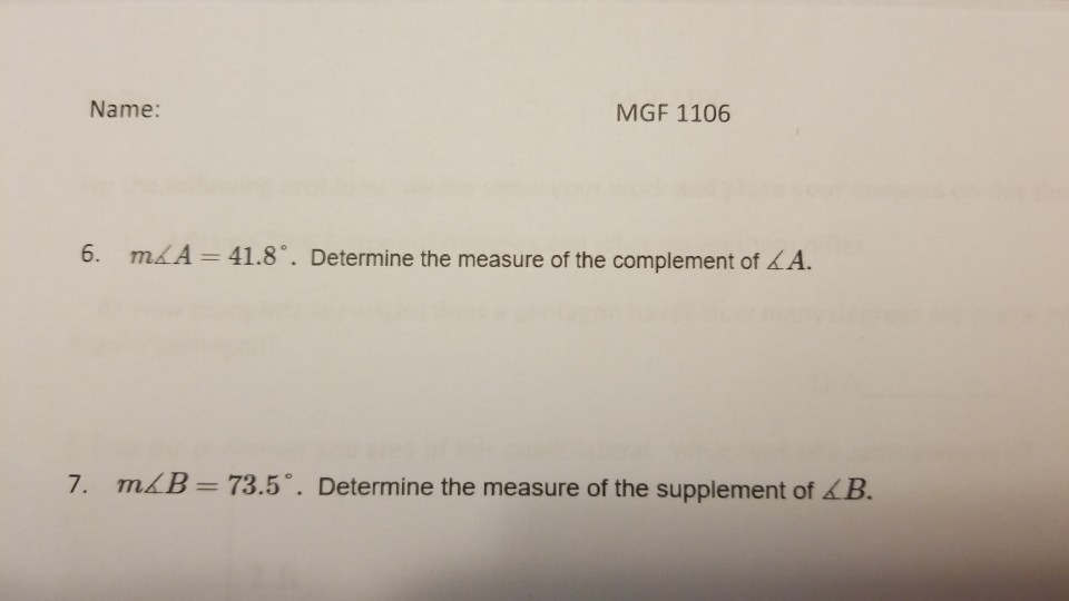 Solved Name: MGF 1106 6. m A = 41.8°. Determine the measure | Chegg.com