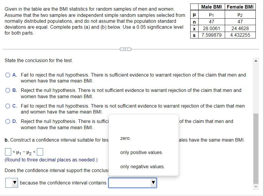 Solved Given in the table are the BMI statistics for random | Chegg.com