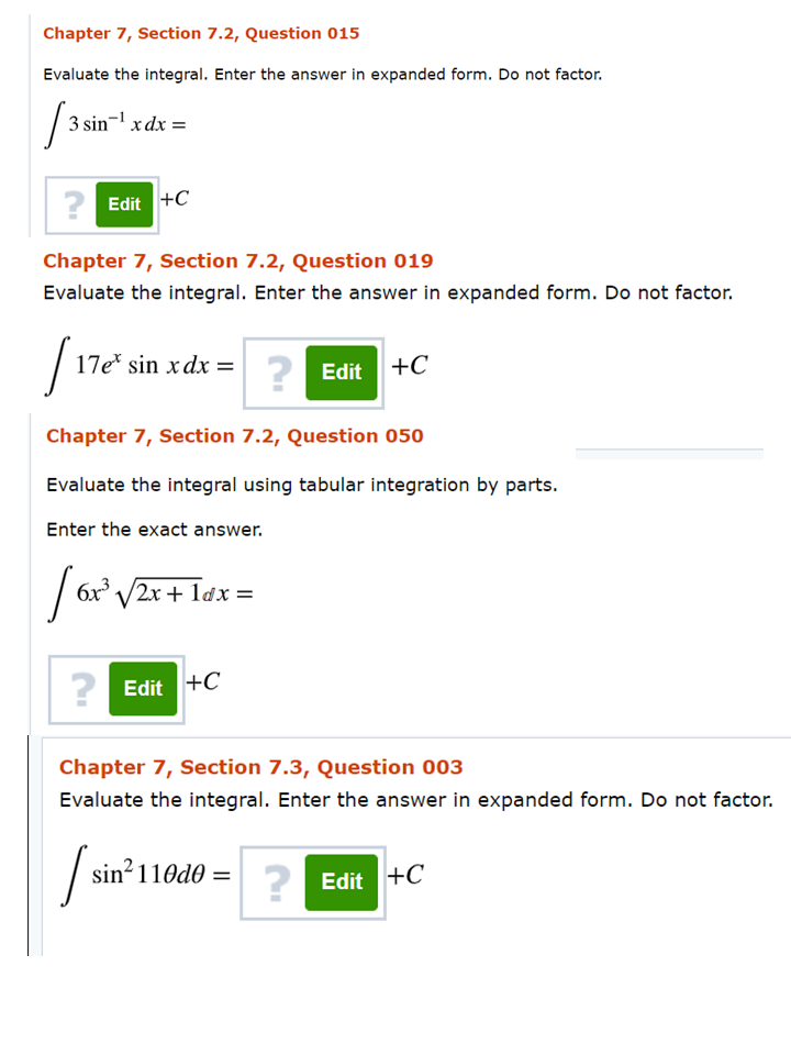 Solved Chapter 7, Section 7.2, Question 015 Evaluate the | Chegg.com