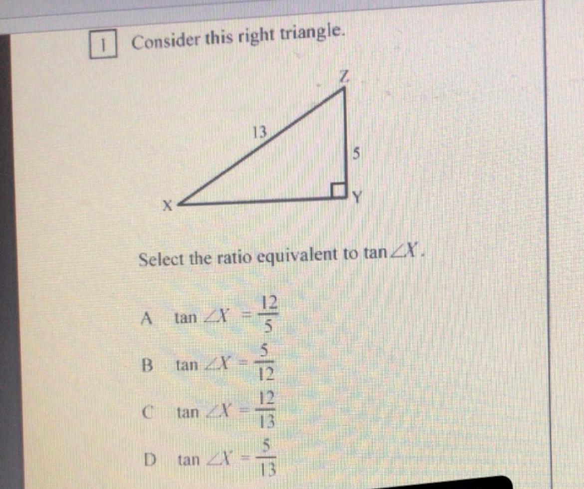 Solved Consider this right triangle. Select the ratio | Chegg.com