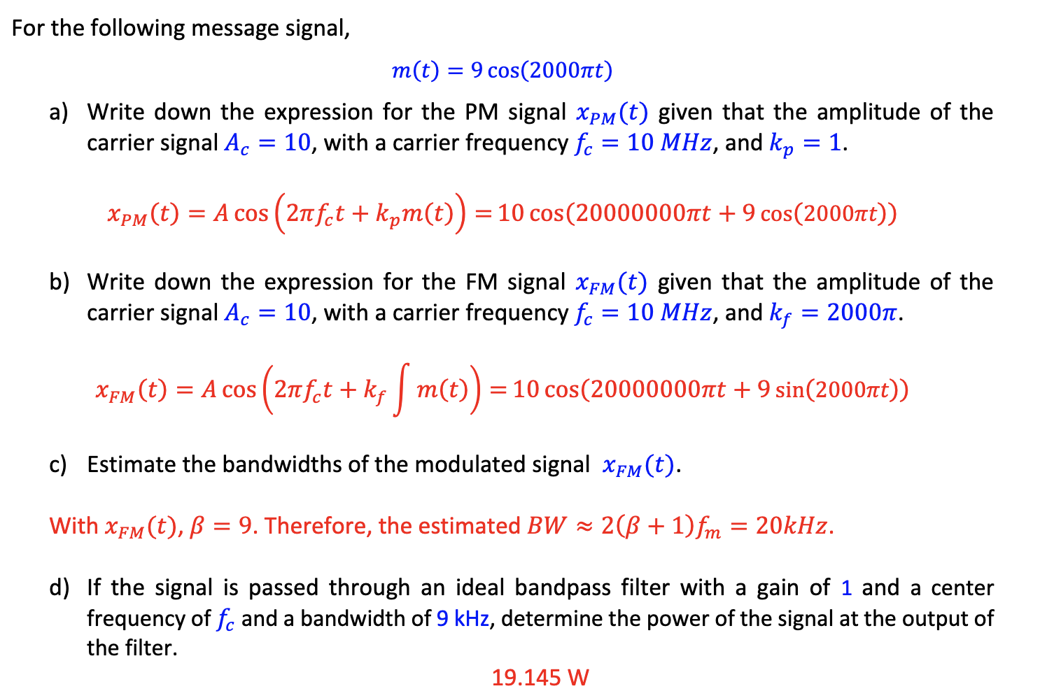 Solved For the following message signal, m(t)=9cos(2000πt) | Chegg.com