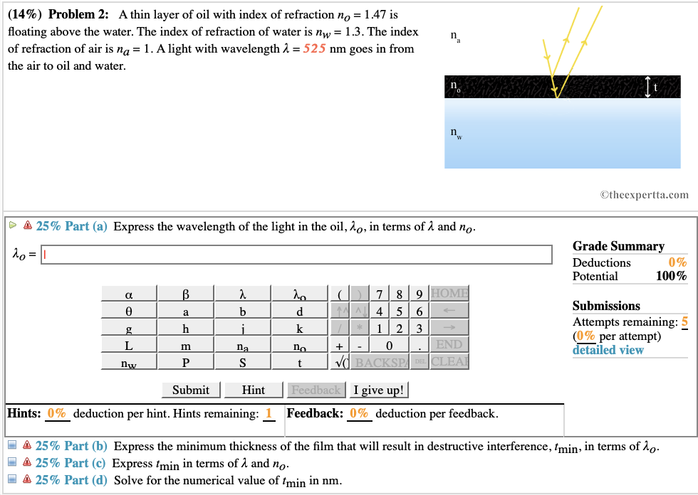 Solved: (14%) Problem 2: A Thin Layer Of Oil With Index Of... | Chegg.com
