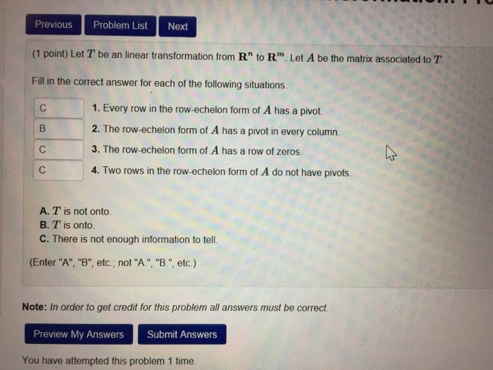 Solved Previous Problem List Next (1 point) Let T be an | Chegg.com