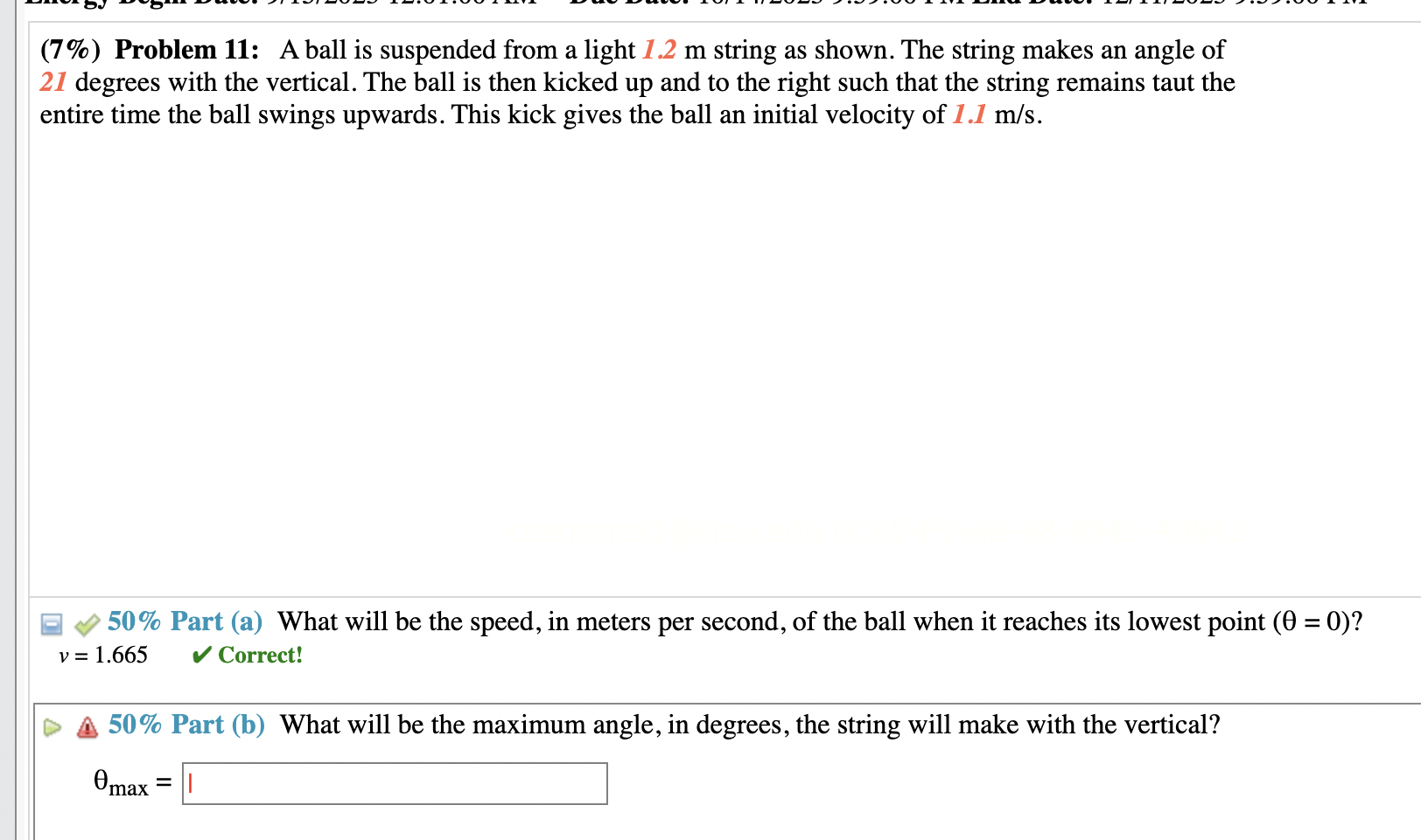 Solved (7\%) Problem 11: A ball is suspended from a light | Chegg.com