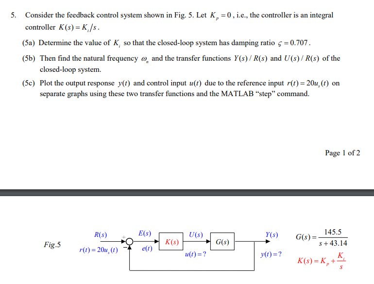 Solved 5. Consider the feedback control system shown in Fig. | Chegg.com