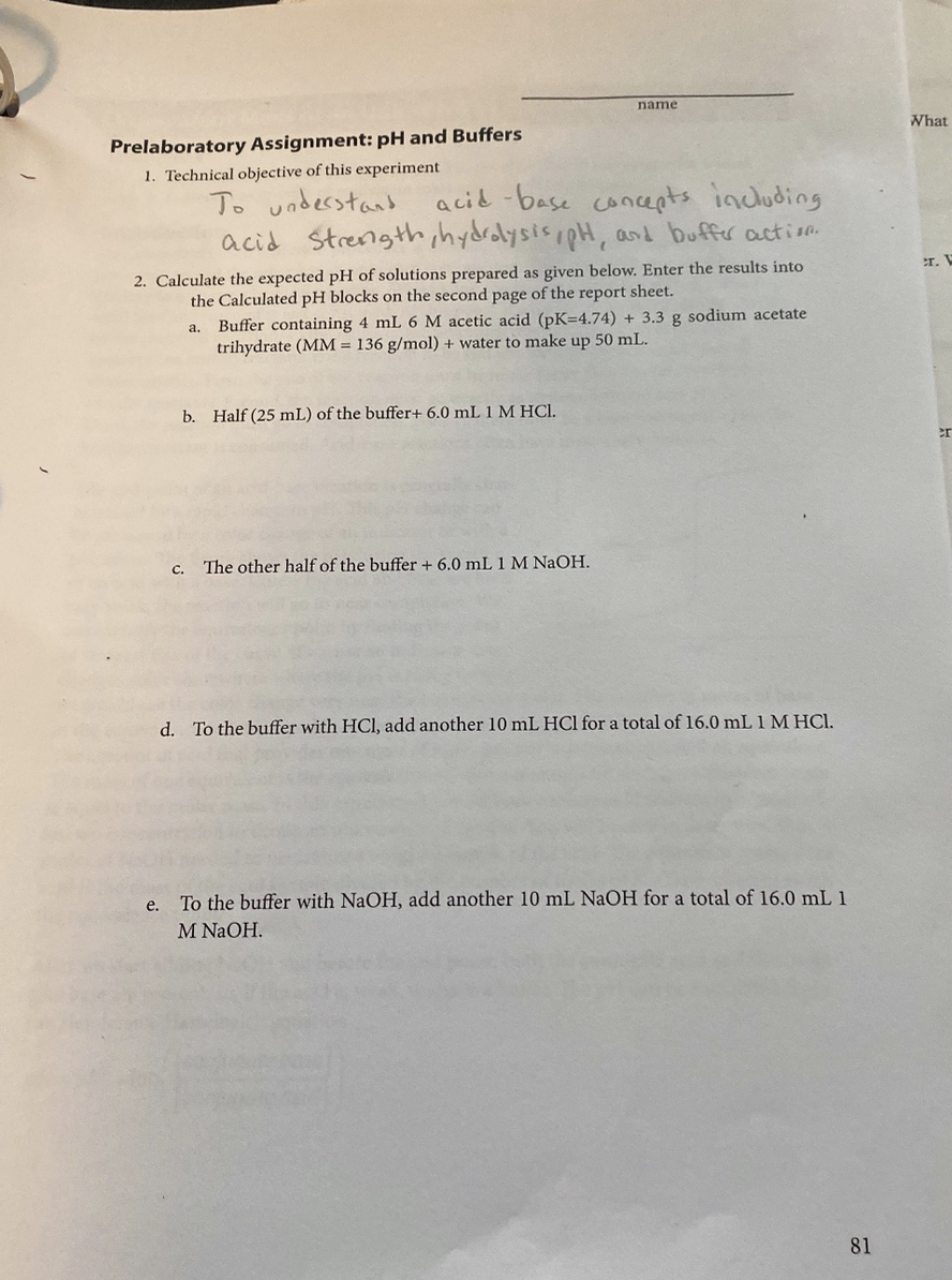 Solved name What Prelaboratory Assignment: pH and Buffers 1. | Chegg.com