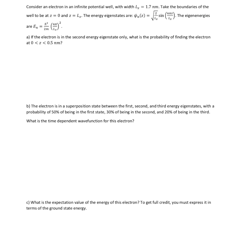 Solved Consider An Electron In An Infinite Potential Well