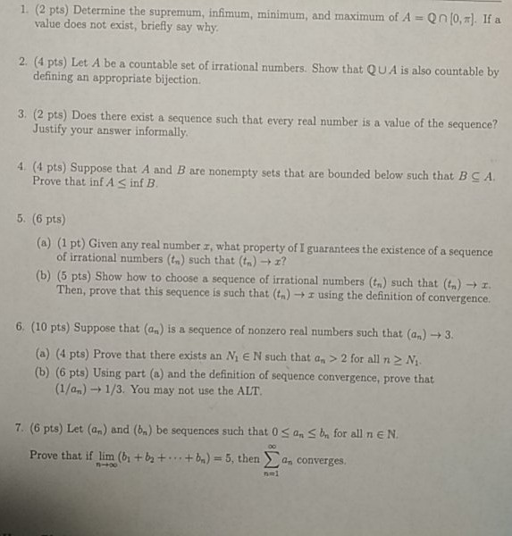 Solved 1. (2 pts) Determine the supremum, infimum, minimum, | Chegg.com