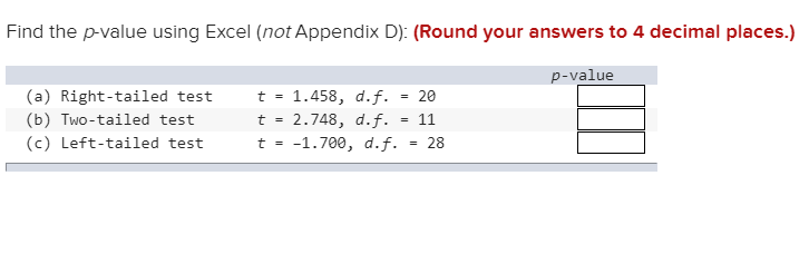 Solved Find The P Value Using Excel Not Appendix D Round