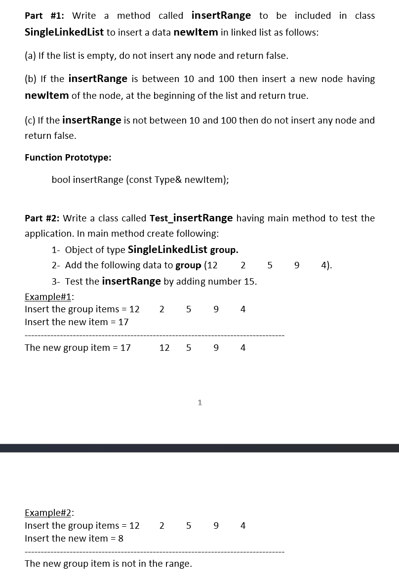 Solved Part \#1: Write a method called insertRange to be | Chegg.com